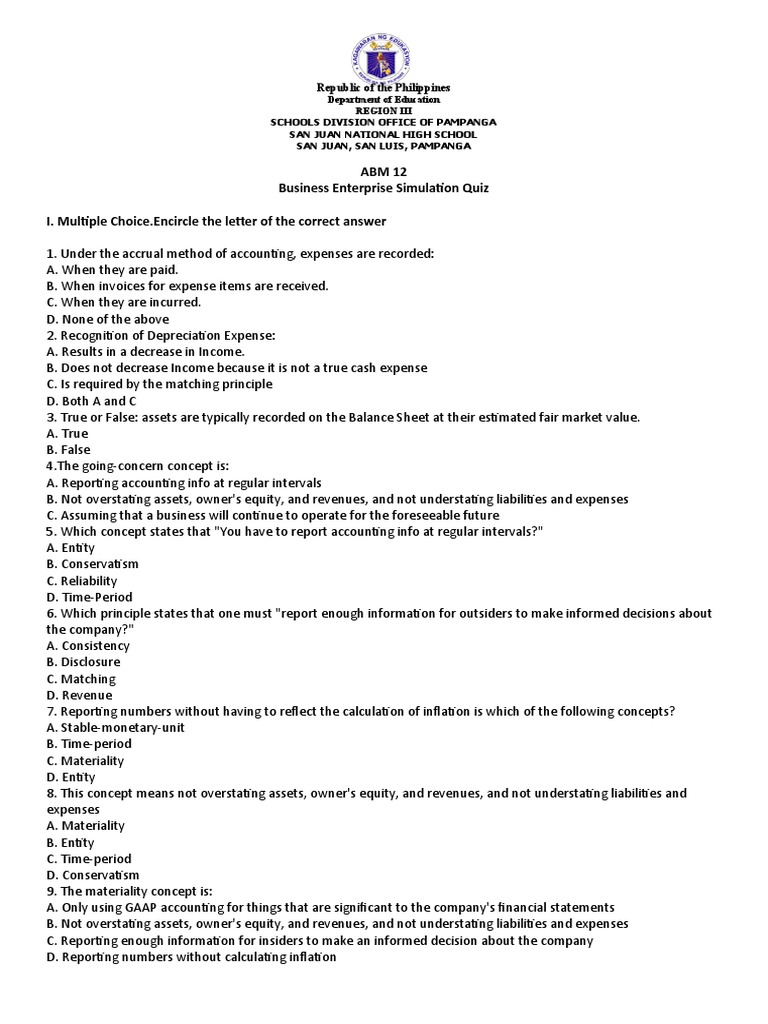 Accounting Quiz With Answer Key | PDF | Financial Statement | Revenue