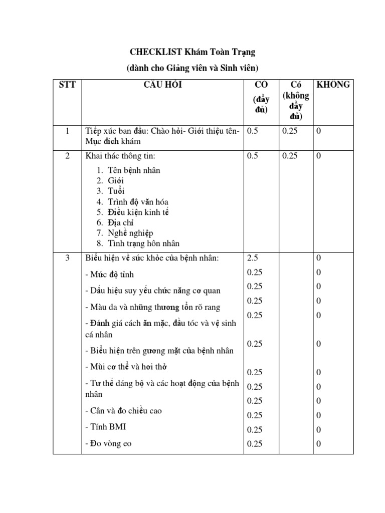 Checklist Khám Toàn TR NG | PDF