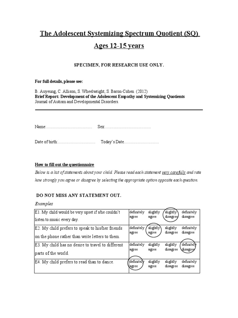 Assessing Systemizing Tendencies in Adolescents: The Adolescent ...