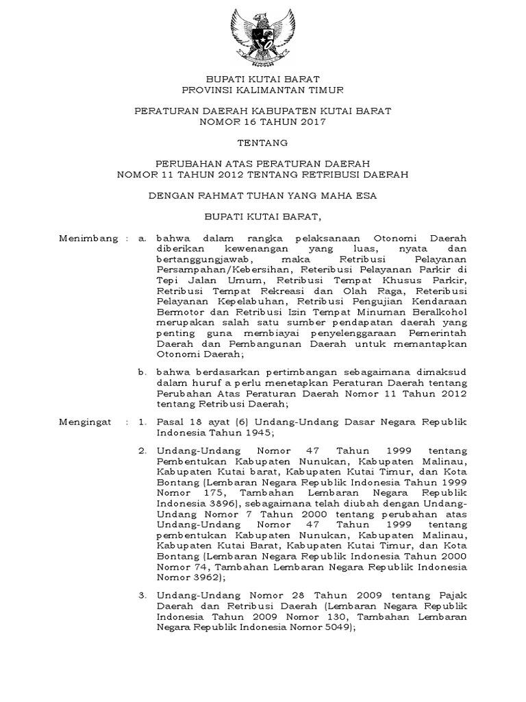 Perda Nomor 16 Tahun 2017 TTG Perubahan Atas Perda No.11 THN 2012 TTG Retribusi | PDF