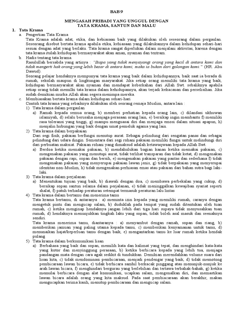 Bab 9 Mengasah Pribadi Unggul Dengan Tata Krama, Santun Dan Malu | PDF