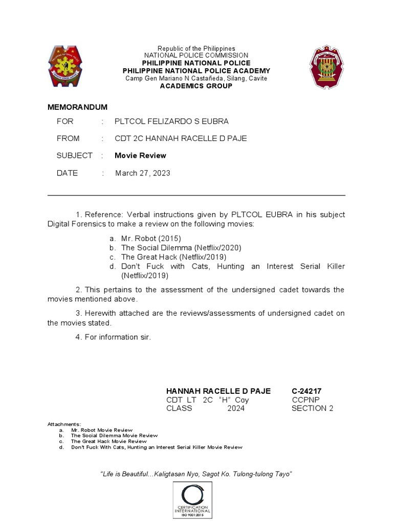 Memorandum: Philippine National Police Philippine National Police ...