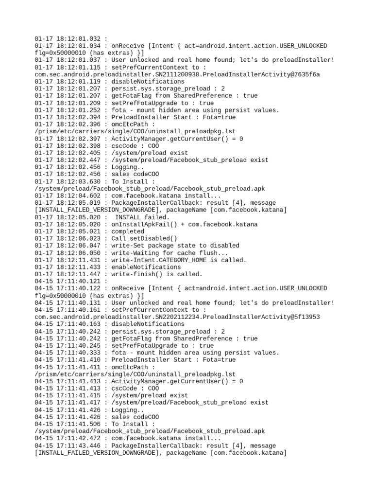 Log Entries Documenting Repeated Attempts to Install Facebook Preload Package Resulting in ...
