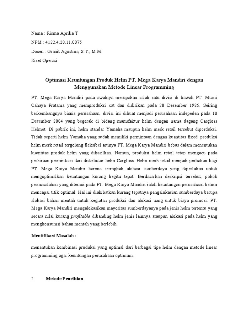 Optimasi Keuntungan Produk Helm PT. Mega Karya Mandiri Dengan Menggunakan Metode Linear ...