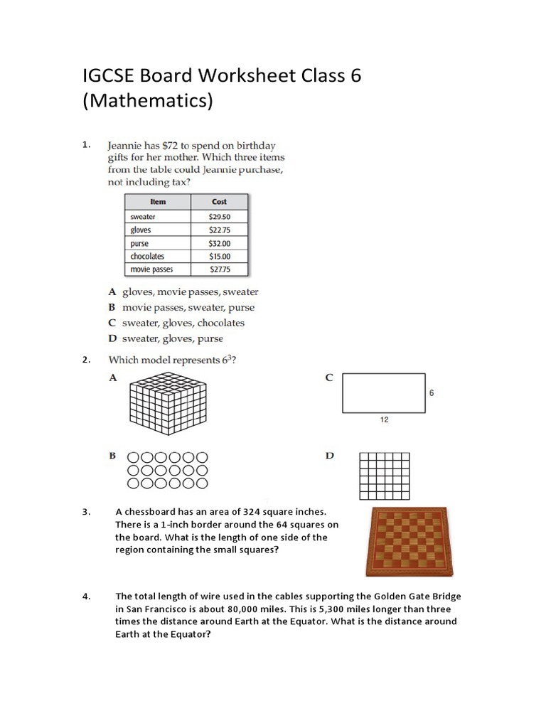 IGCSE Class 6 Mathematics Worksheet | PDF