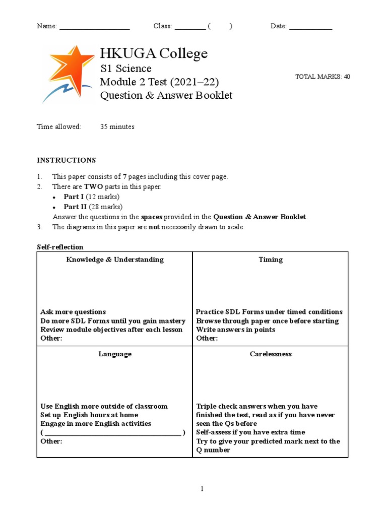 HKUGA College: S1 Science Module 2 Test (2021-22) Question & Answer ...