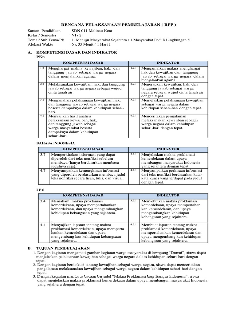 RPP Tema 6 Sub 1 PB1 | PDF