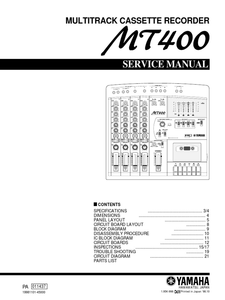 Yamaha MT400 Cassette Recorder Service Manual | PDF | Microphone | Decibel