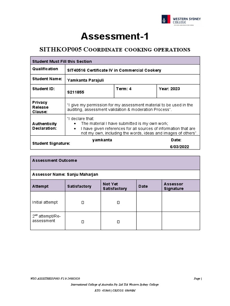 Assessment-Task-1 SITHKOP005 Yamkanta Parajuli | PDF | Kitchen | Mediation