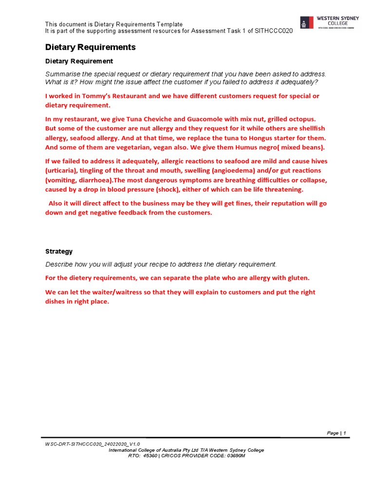 Dietary Needs for Hospitality Staff | PDF