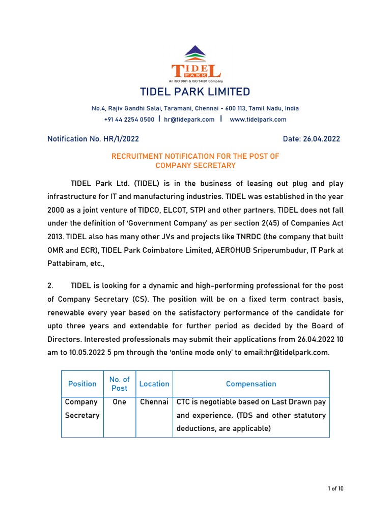 Tidel Park Limited: Notification No. HR/1/2022 Date: 26.04.2022 | PDF ...