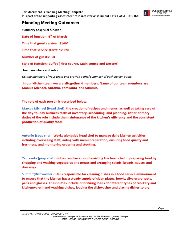 Planning Meeting Template Task 4 | PDF | Chef | Menu