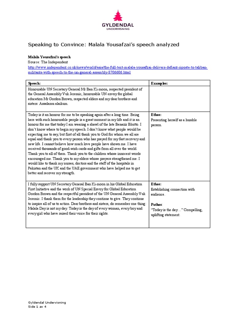 Analyzing Malala Yousafzai's Speech | PDF | Malala Yousafzai | Taliban