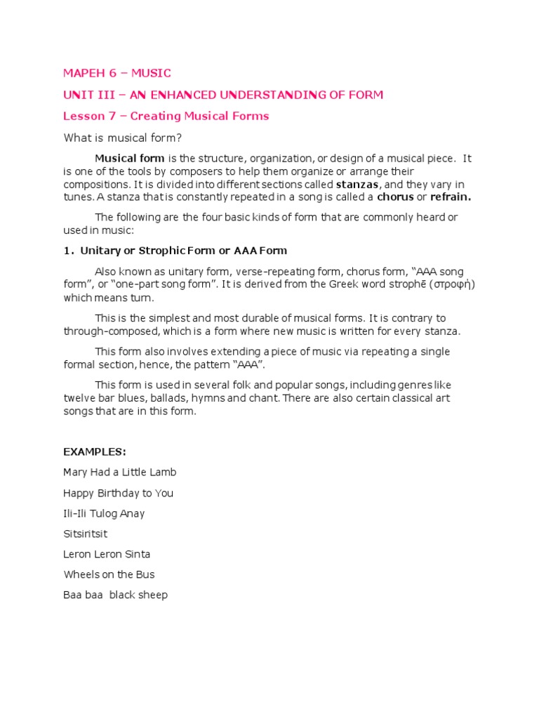 Music 6 3rd Quarter Lesson 7 | PDF | Musical Forms | Songs