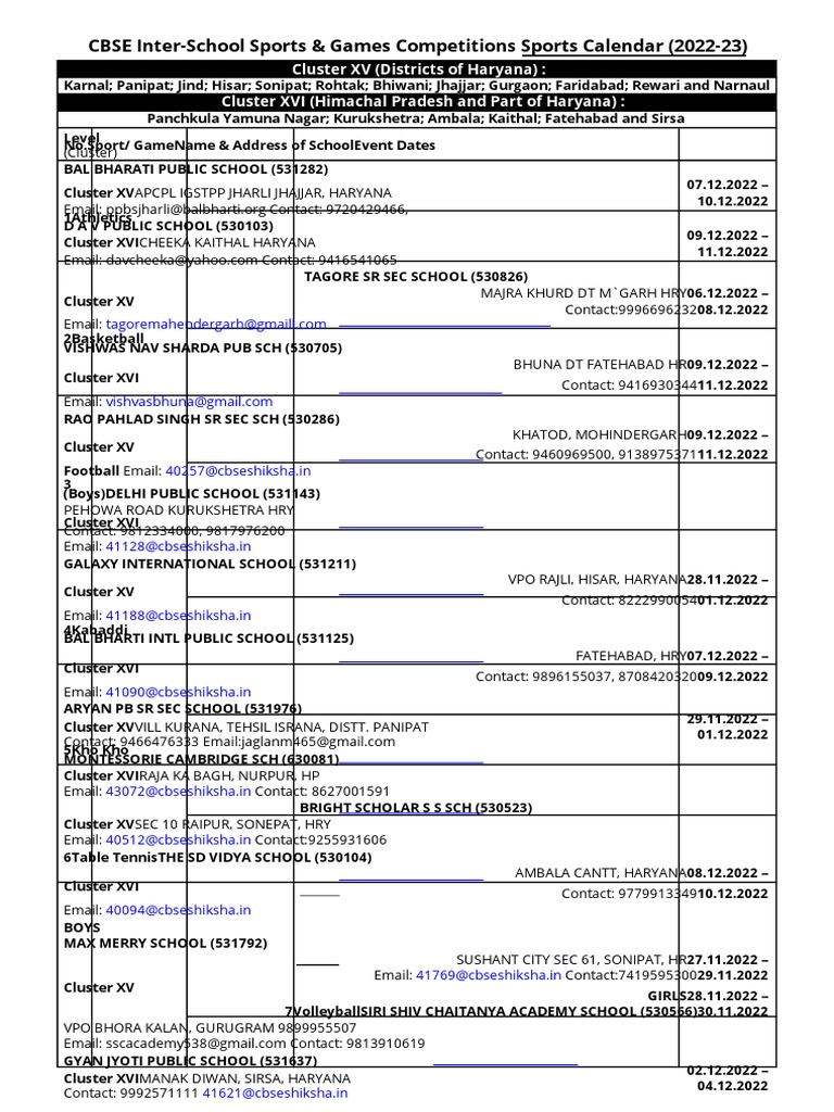 CBSE Inter-School Sports & Games Competitions Sports Calendar (2022-23 ...