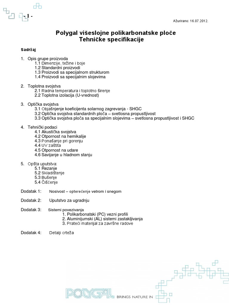 Polygal Višeslojne Polikarbonatske Ploče Tehničke Specifikacije | PDF
