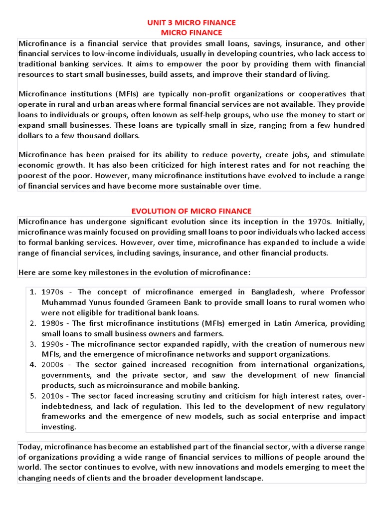 Unit 3 Micro Finance | PDF | Microfinance | Financial Inclusion