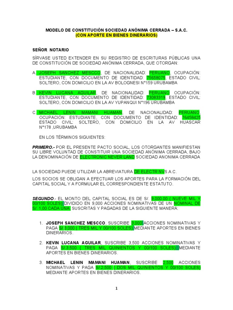 Modelo de Constitución Sociedad Anónima Cerrada - S.A.C. (Con Aporte en Bienes Dinerarios) Señor ...