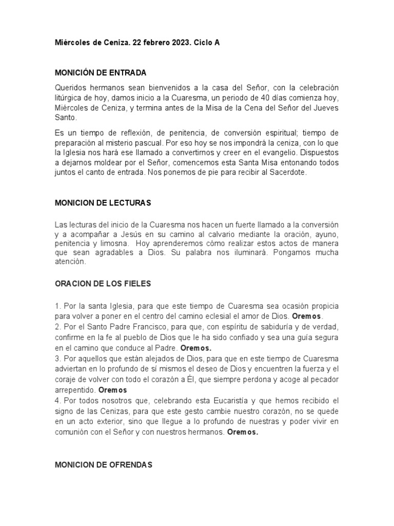 Miércoles de Ceniza. 22 Febrero 2023. Ciclo A: Oracion de Los Fieles | PDF