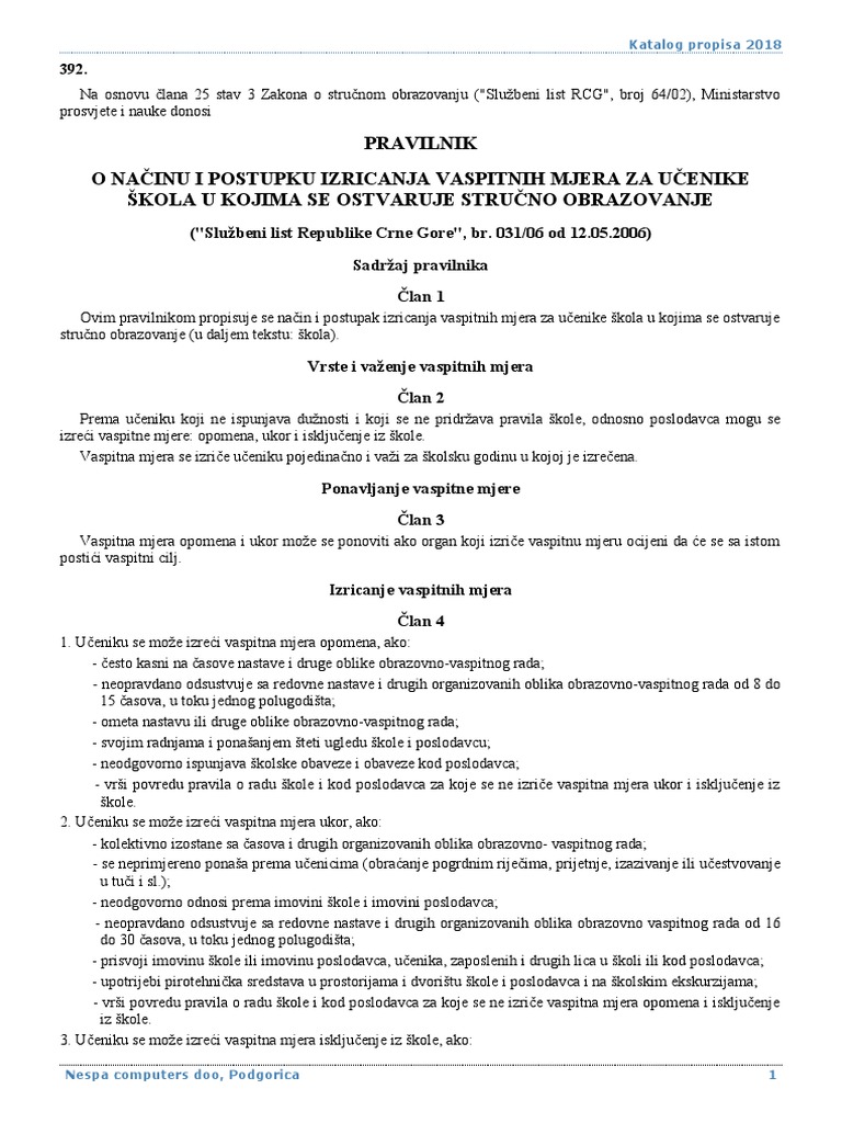Pravilnik o Načinu I Postupku Izricanja Vaspitnih Mjera Za Ucenike Skola U Kojima Se Ostvaruje ...