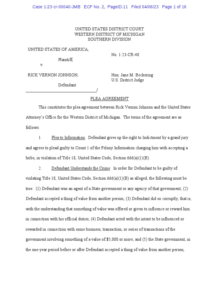 Rick Johnson Bribery Plea Agreement | PDF | Plea | Plea Bargain