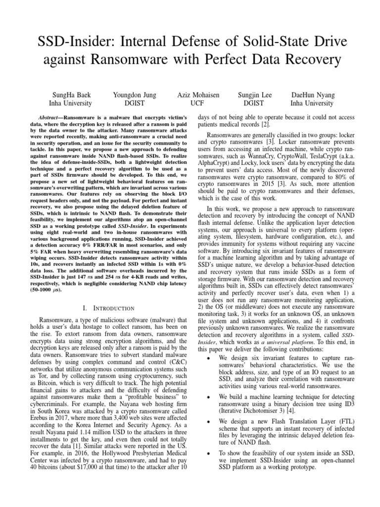 SSD-Insider: Internal Defense of Solid-State Drive Against Ransomware ...