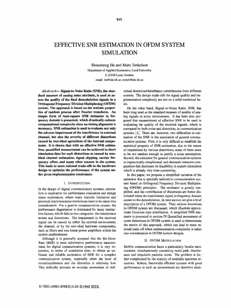 Effective SNR Estimation in Ofdm System Simulation: He Mats Torkelson | PDF | Orthogonal ...