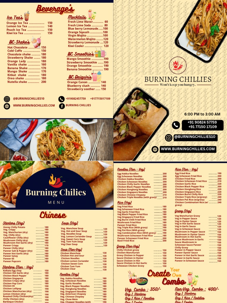 Beverage and Food Menu at Burning Chillies | PDF | Soup | Chili Pepper