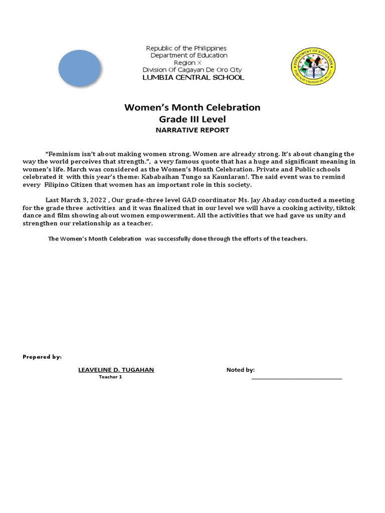 Women's Month Celebration Grade III Level: Narrative Report | PDF