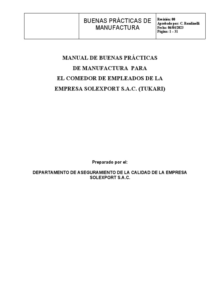 Manual de BPM para Comedor Solexport | PDF | Alimentos | Carne