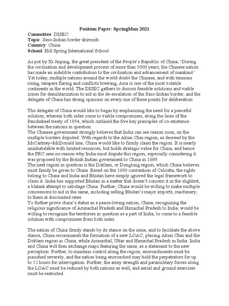 Position Paper - DISEC Springmun 2021 China | PDF | World Politics | China