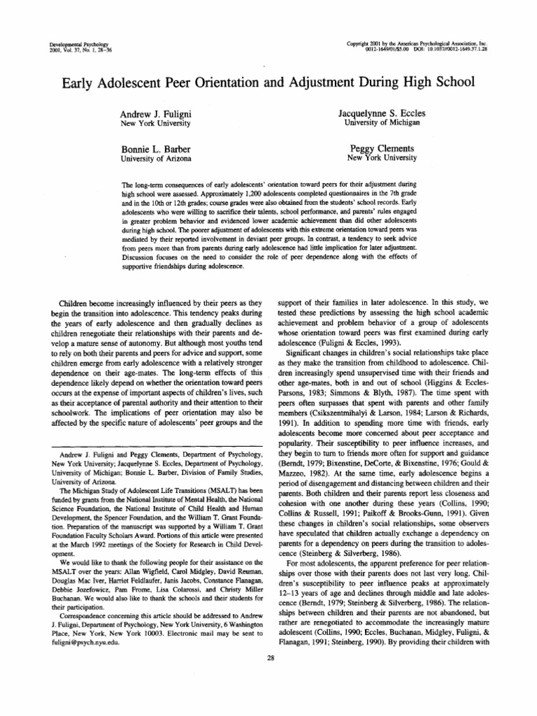 Early Adolescent Peer Orientation and Adjustment During High School ...