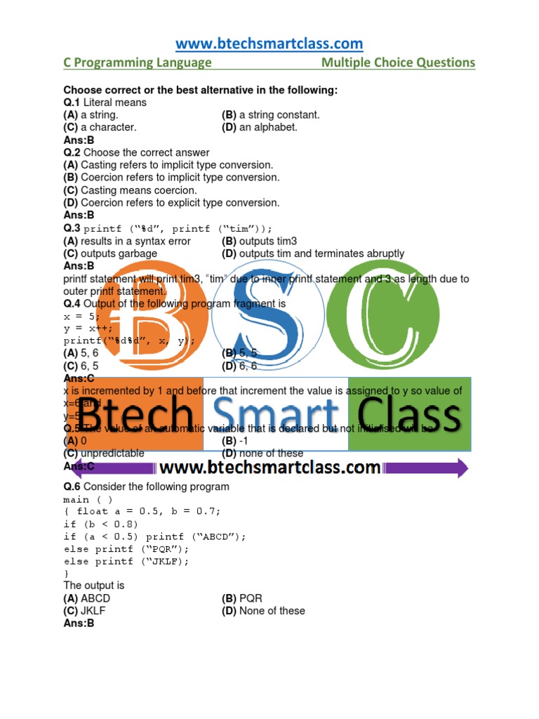 C Programming Language Multiple Choice Questions | PDF | Pointer (Computer Programming ...