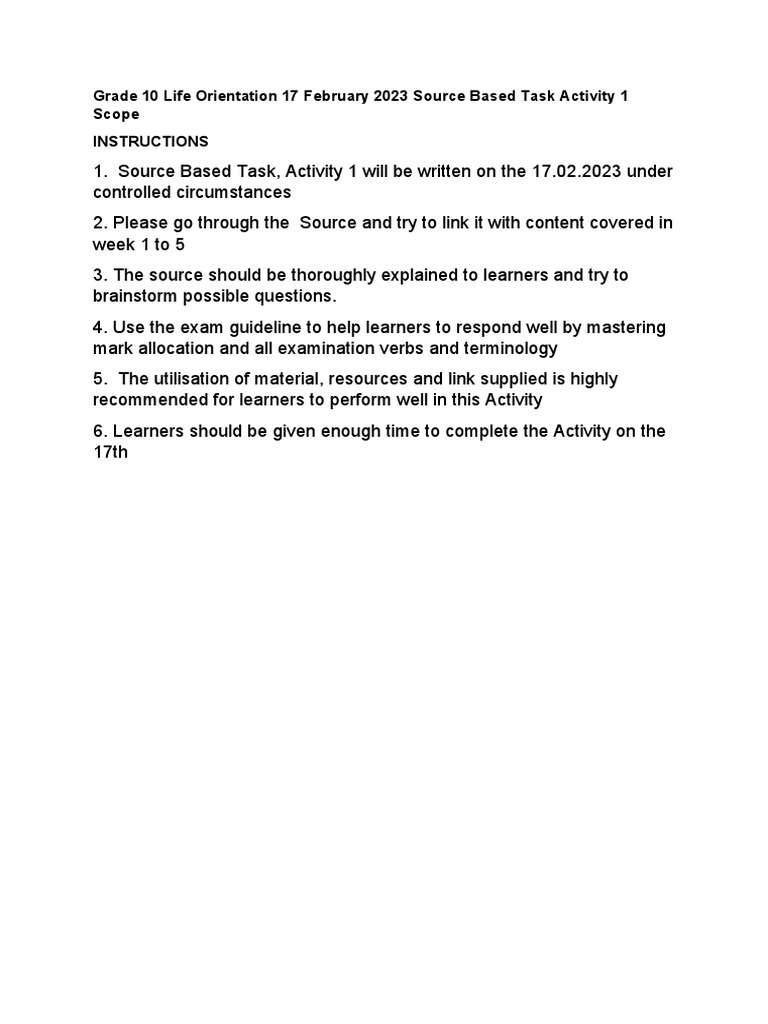 Grade 10 Life Orientation 17 February 2023 Source Based Task Activity 1 Scope | PDF | Gender ...