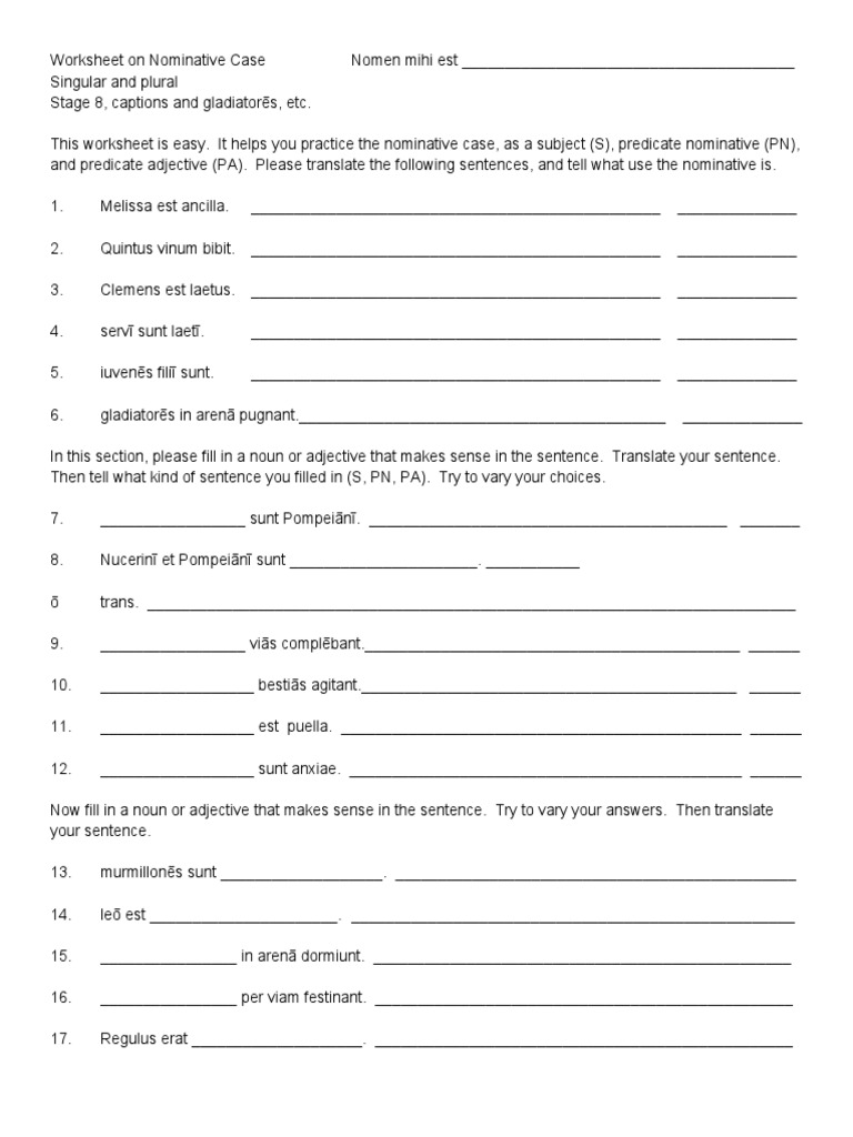 Worksheet On Nominative Case | PDF