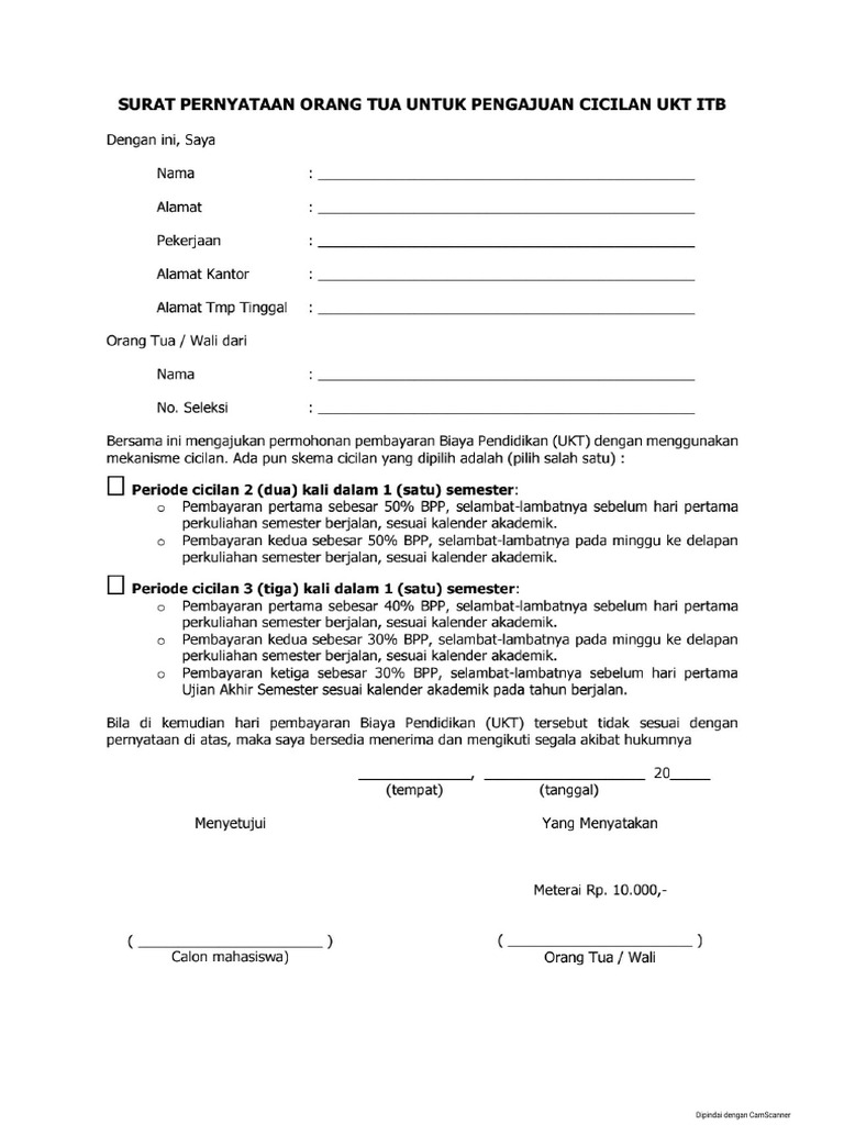 Surat Pernyataan Orang Tua Untuk Pengajuan Cicilan UKT ITB | PDF