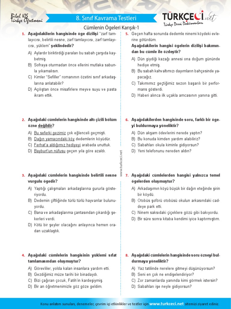Sınıf Cümlenin Ögeleri Karışık-1 (Turkceci - Net) Dsds | PDF