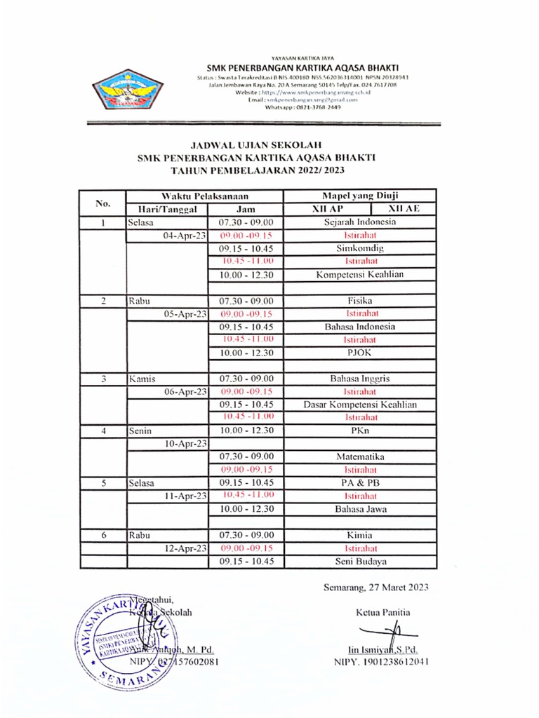 New Jadwal Ujian Sekolah 2023 | PDF