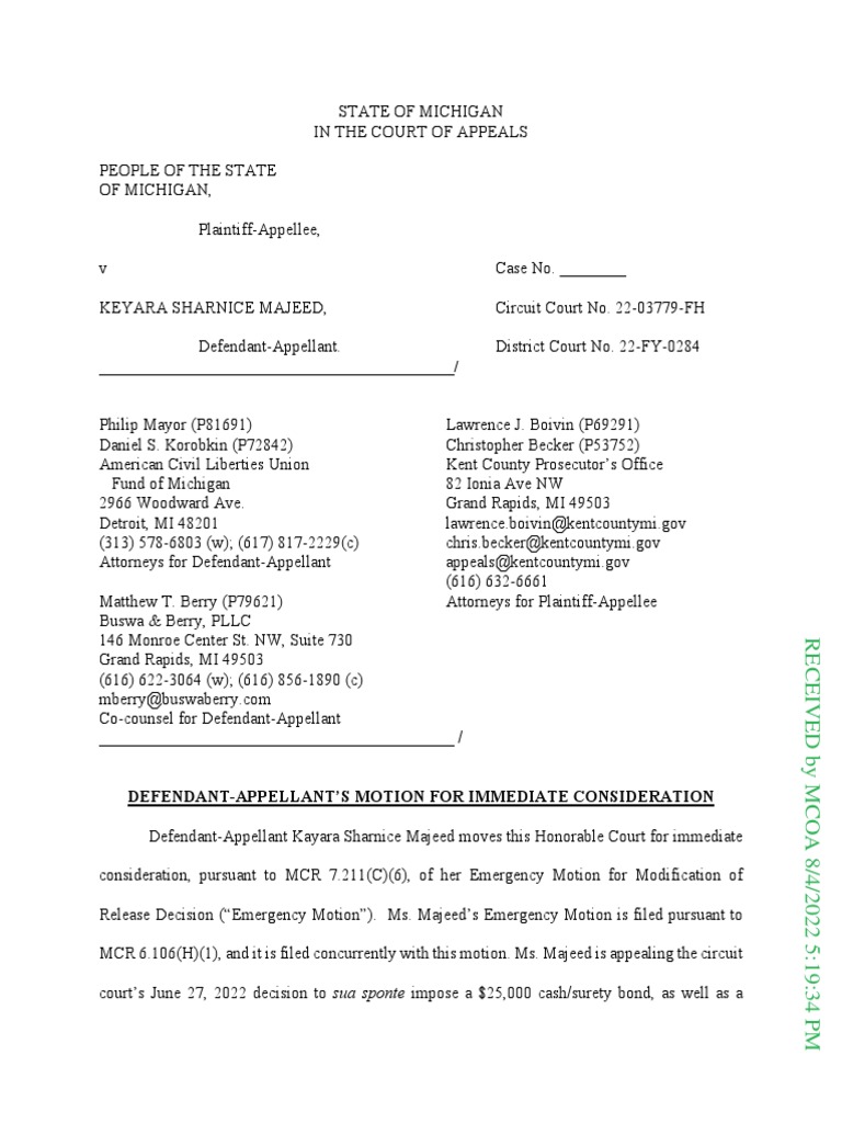 Motion For Immediate Consideration | PDF | Bail | Wisconsin Circuit Courts