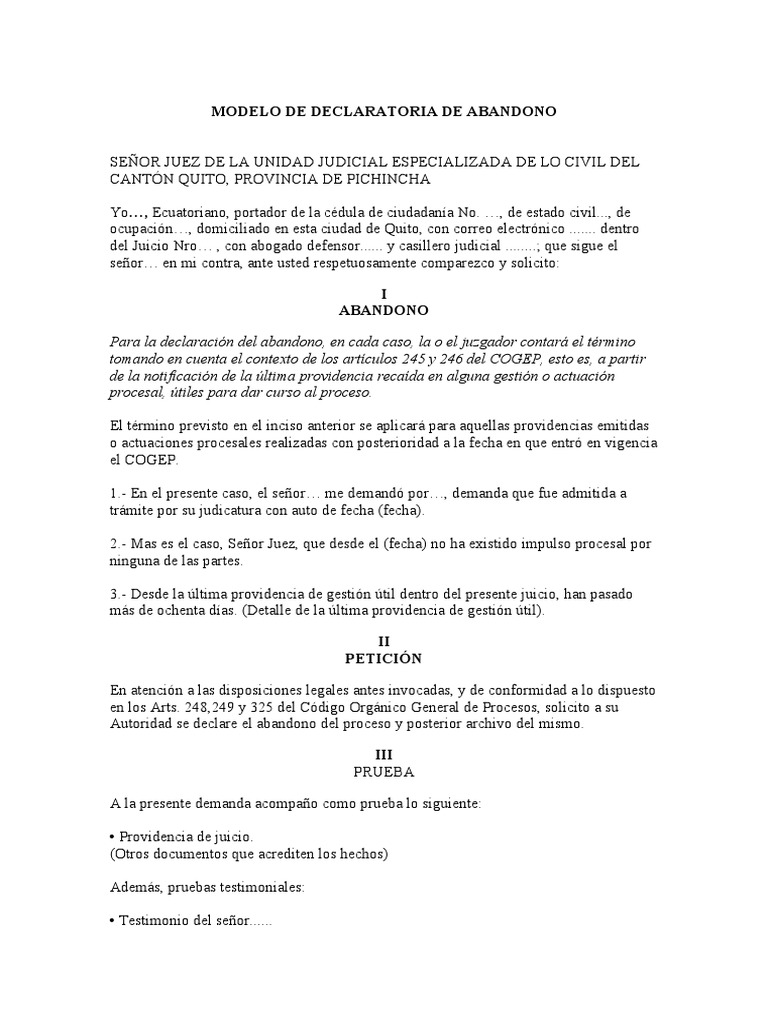 Modelo de Declaratoria de Abandono | PDF | Demanda judicial | Ley procesal