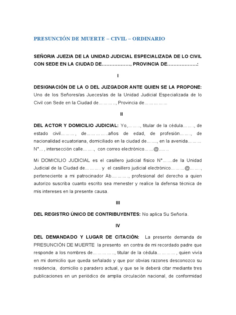 Presunción de Muerte - Civil - Ordinario | PDF | Certificado de ...