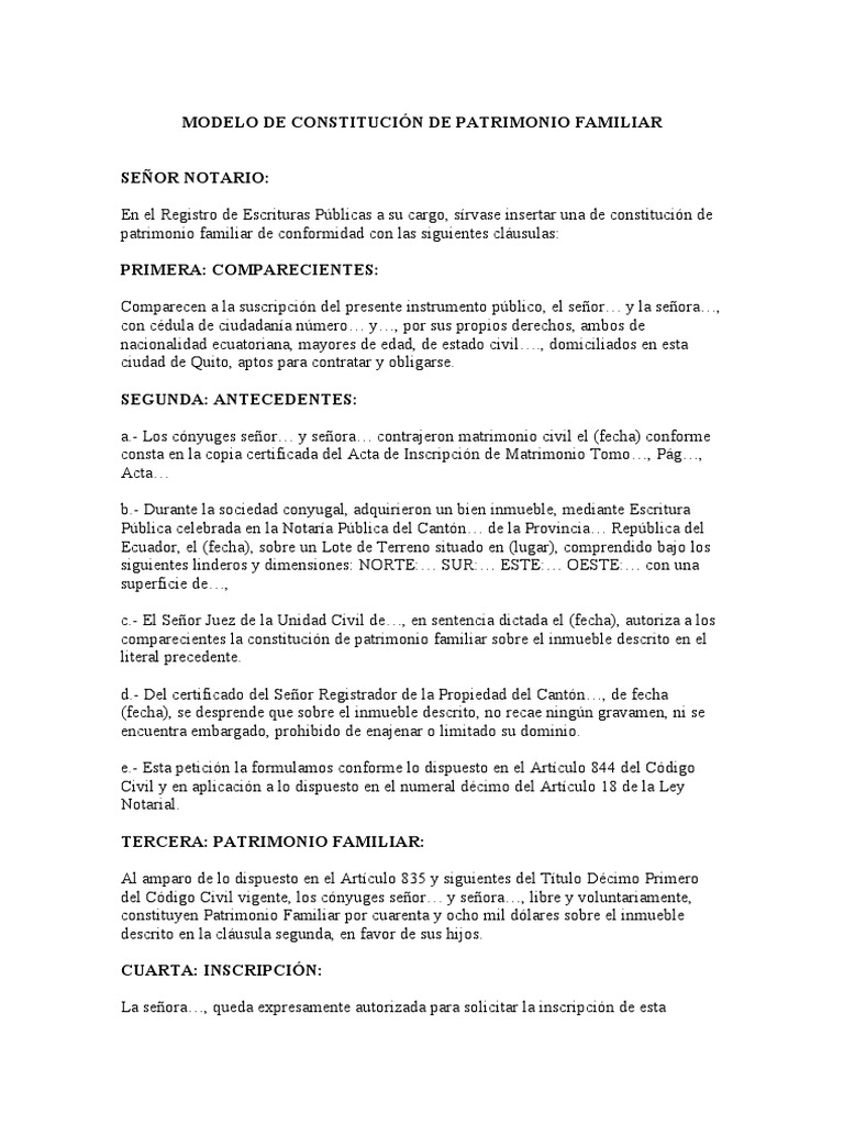 Modelo de Constitución de Patrimonio Familiar Señor Notario | PDF | Ley ...