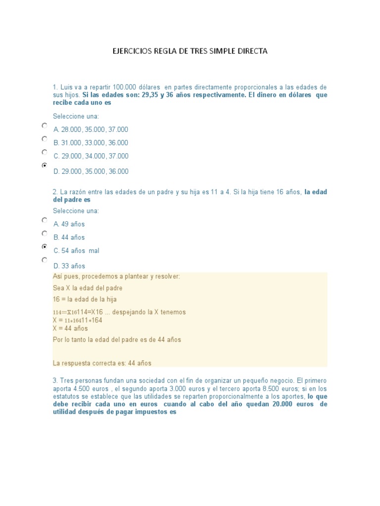 Ejercicios de Regla de Tres Simple Directa | PDF
