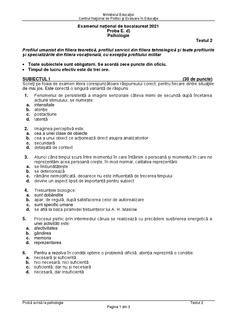 Psihologie 2021 Test 02 | PDF