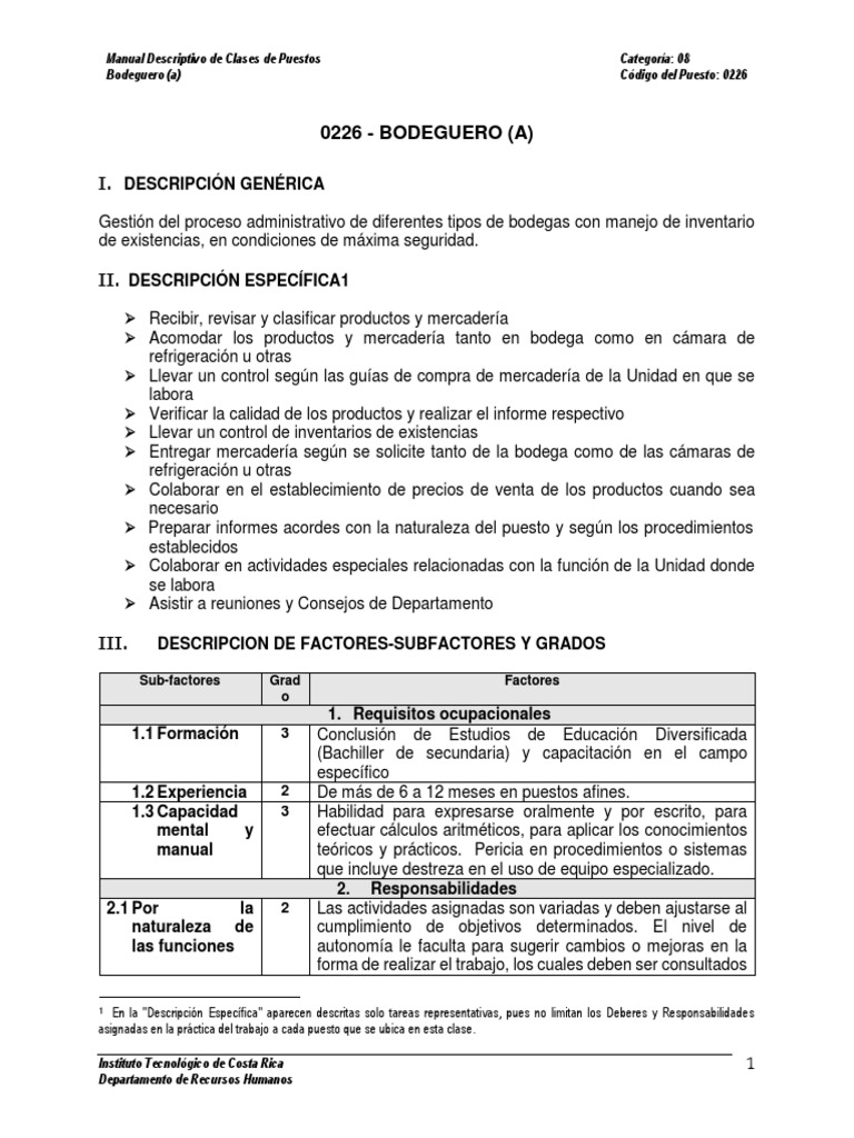 0226 - BODEGUERO (A) : Descripción Genérica | PDF