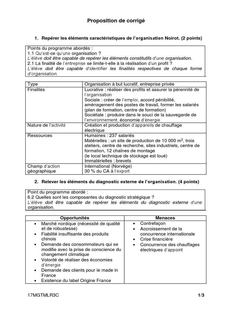 Proposition de Corrigé: 1. Repérer Les Éléments Caractéristiques de L'organisation Noirot. (2 ...