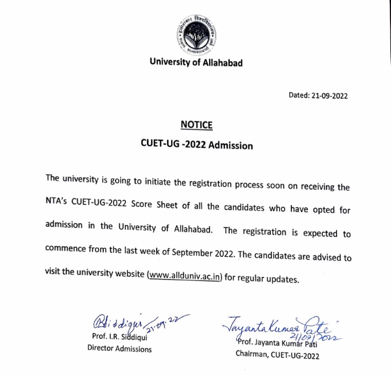 Allahabad University CUET-UG 2022 Registration Notice | PDF
