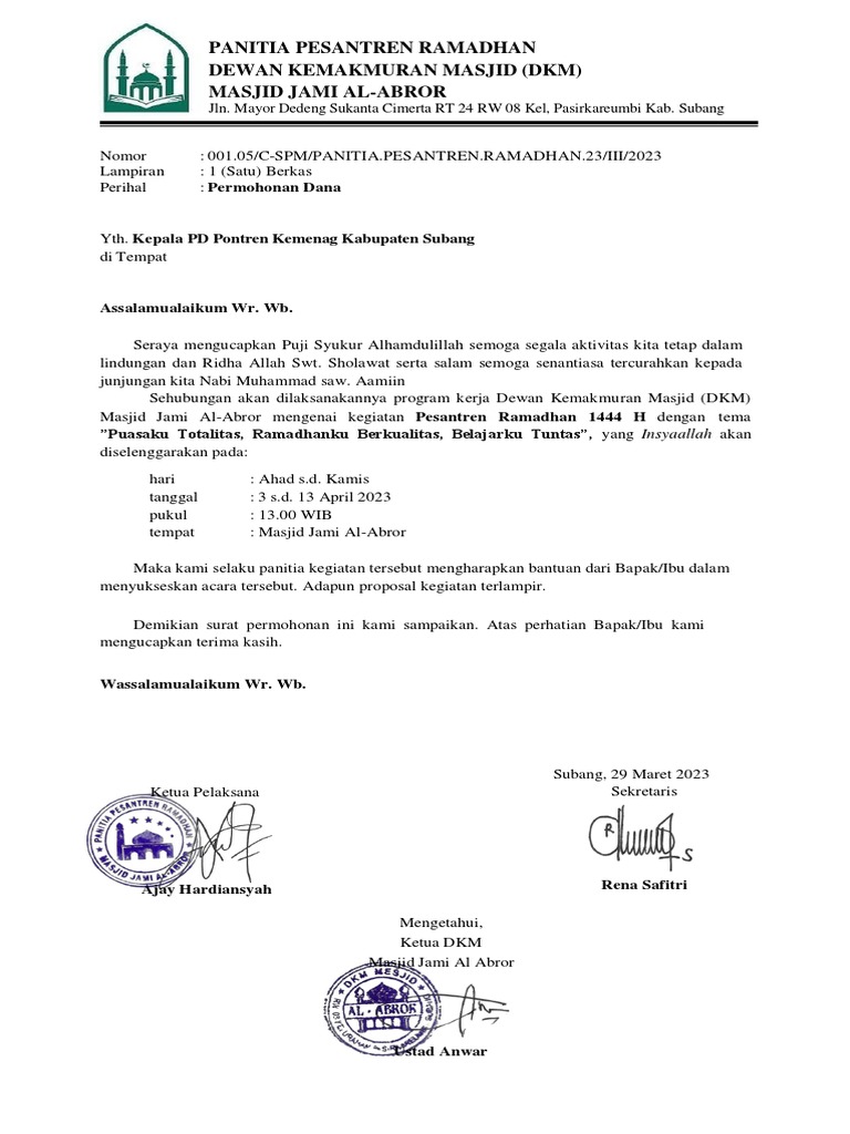 Surat Permohonan PD Pontren | PDF Surat Permohonan PD Pontren | PDF