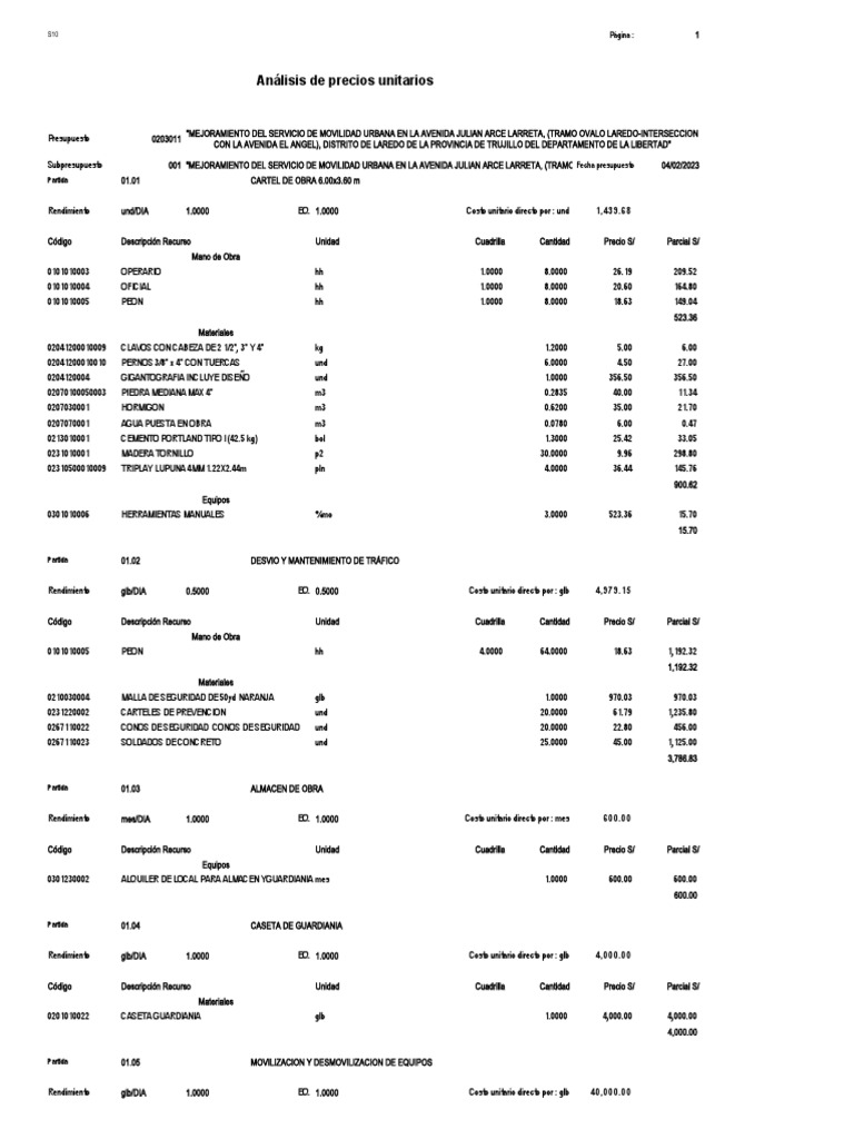 Análisis de Precios Unitarios: Partida | PDF | Material compuesto | Ingeniería de Edificación