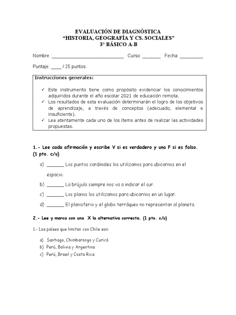 Evaluación Diagnóstica Historia 3º | PDF